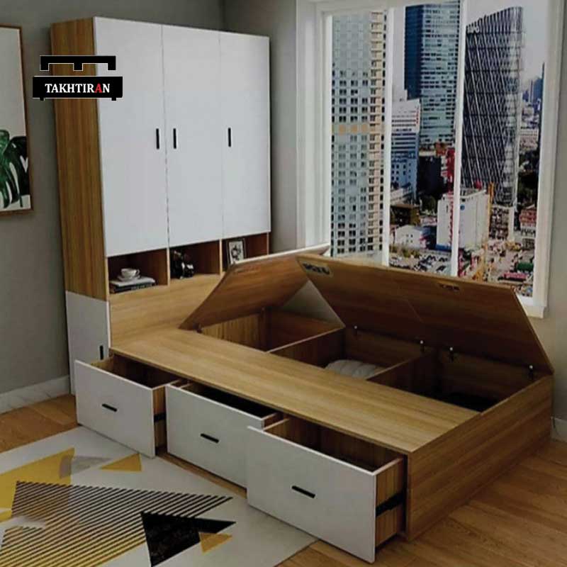 خرید تخت خواب تک نفره کشودار با کمد بلوط+24ماه ضمانت-تختیران